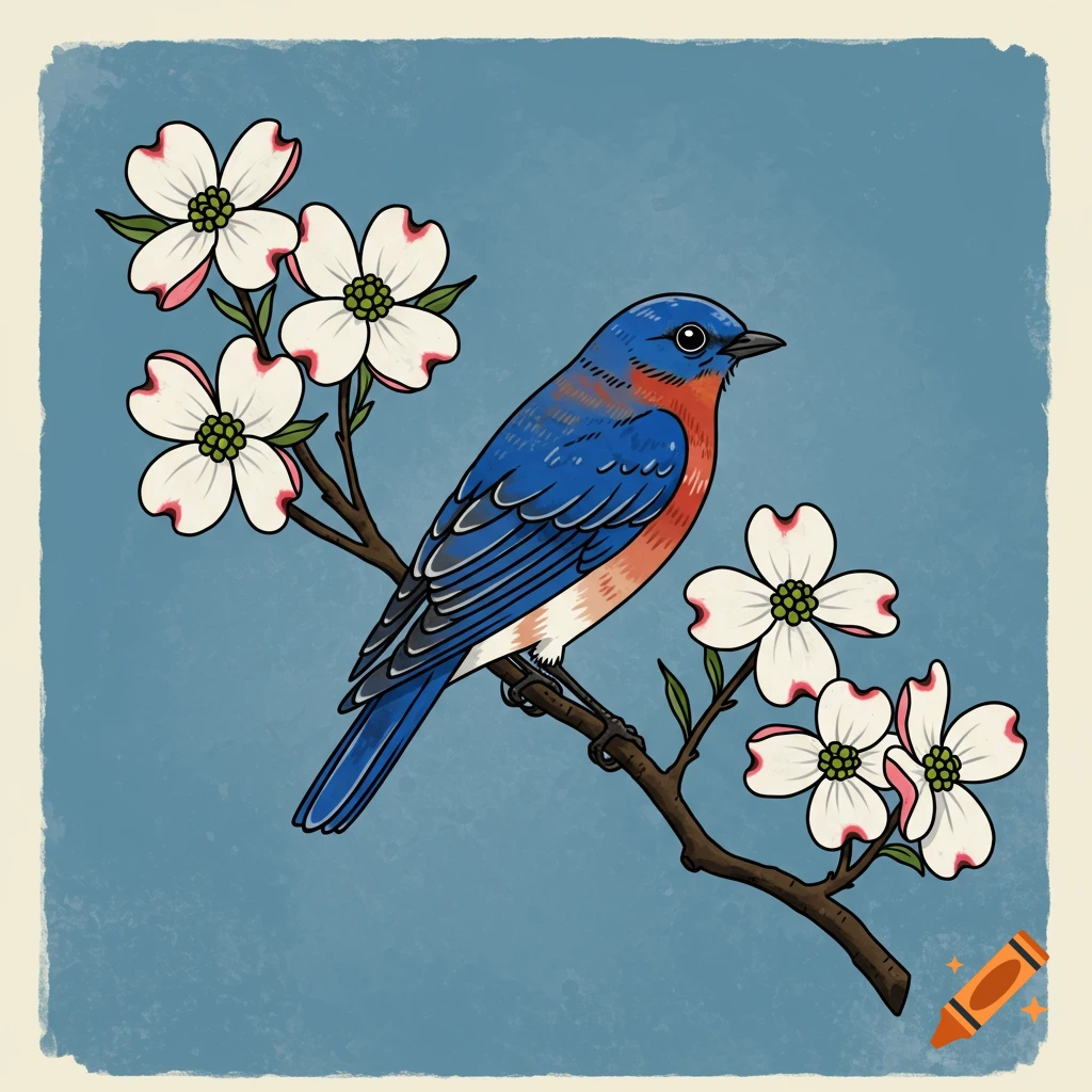Sailor Jerry style illustration of a bluebird on a dogwood branch with ...