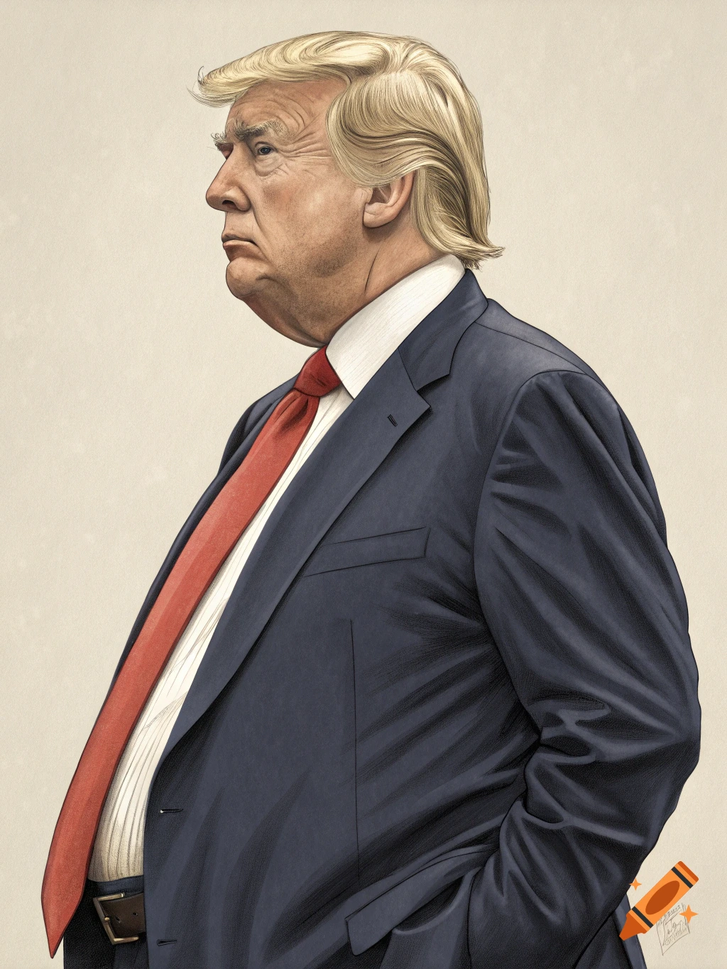 Illustration of Donald Trump in profile view, wearing a suit and red ...