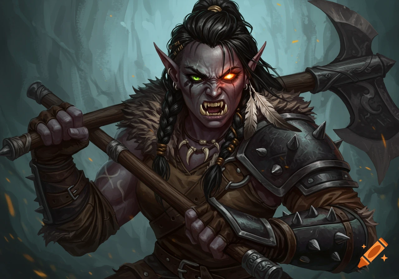 A fierce half-orc, half-drow female barbarian holding two axes. on Craiyon