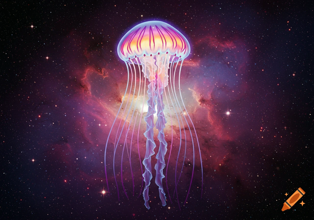A colorful jellyfish floats in front of a swirling nebula in space. on ...