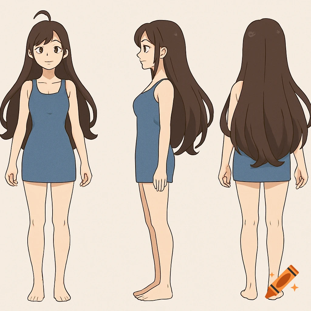 Anime model sheet of a female character in a blue dress, showing front ...