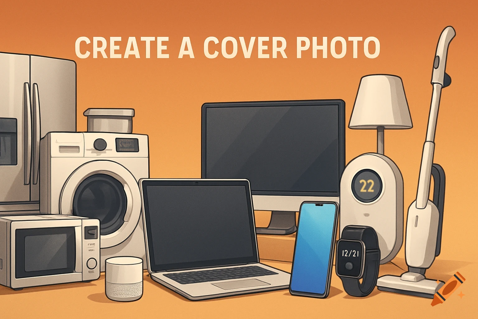 Illustration of various electronics and home appliances including a ...