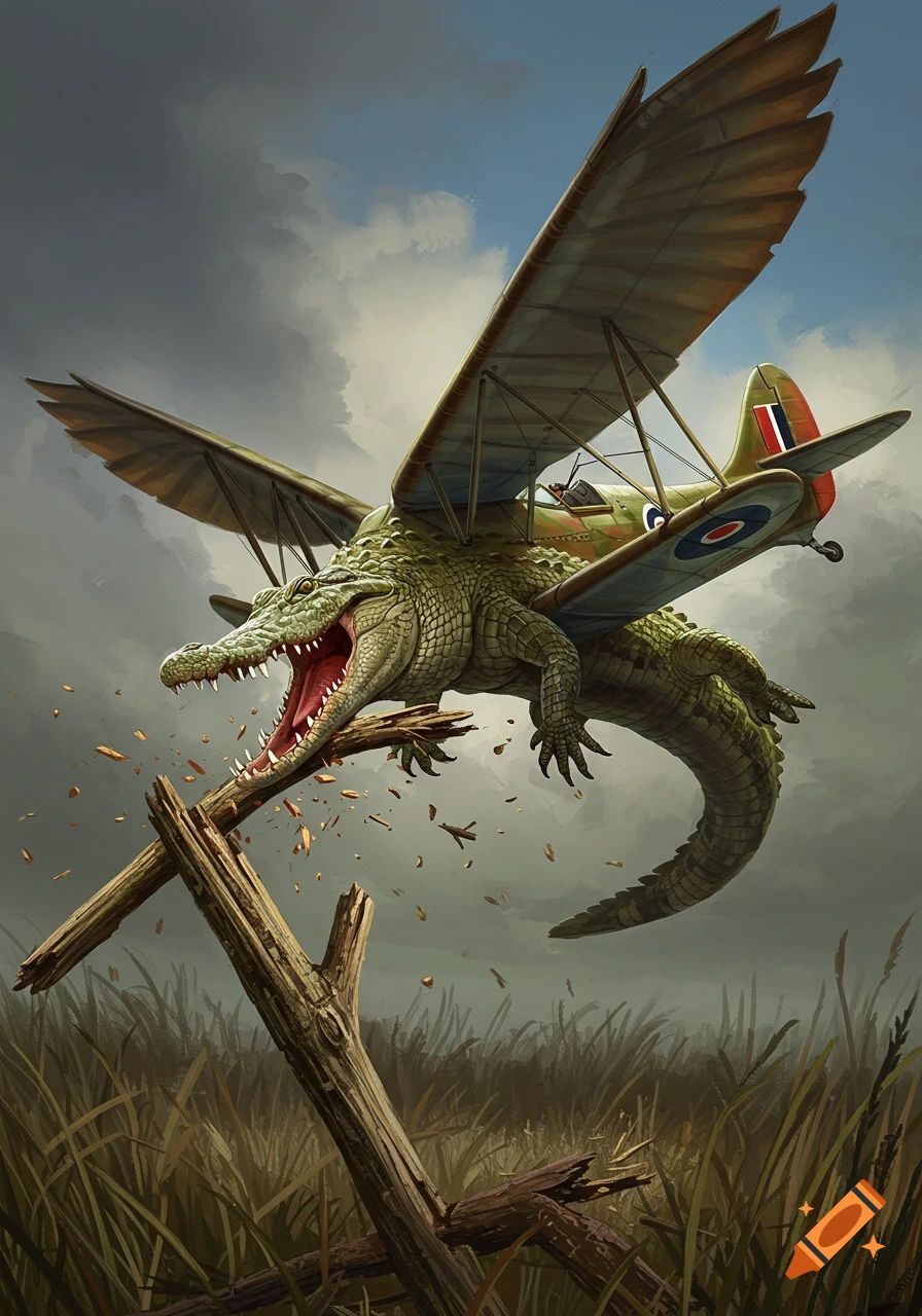 A flying crocodile with biplane wings attacks a wooden post. on Craiyon