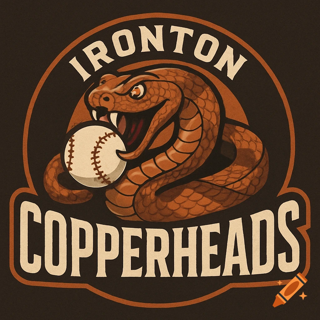 Logo for Ironton Copperheads baseball team featuring a coiled copperhead snake holding a ...