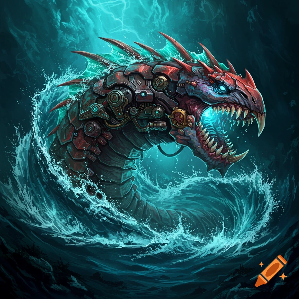 Detailed illustration of a mechanical sea monster rising from turbulent ...