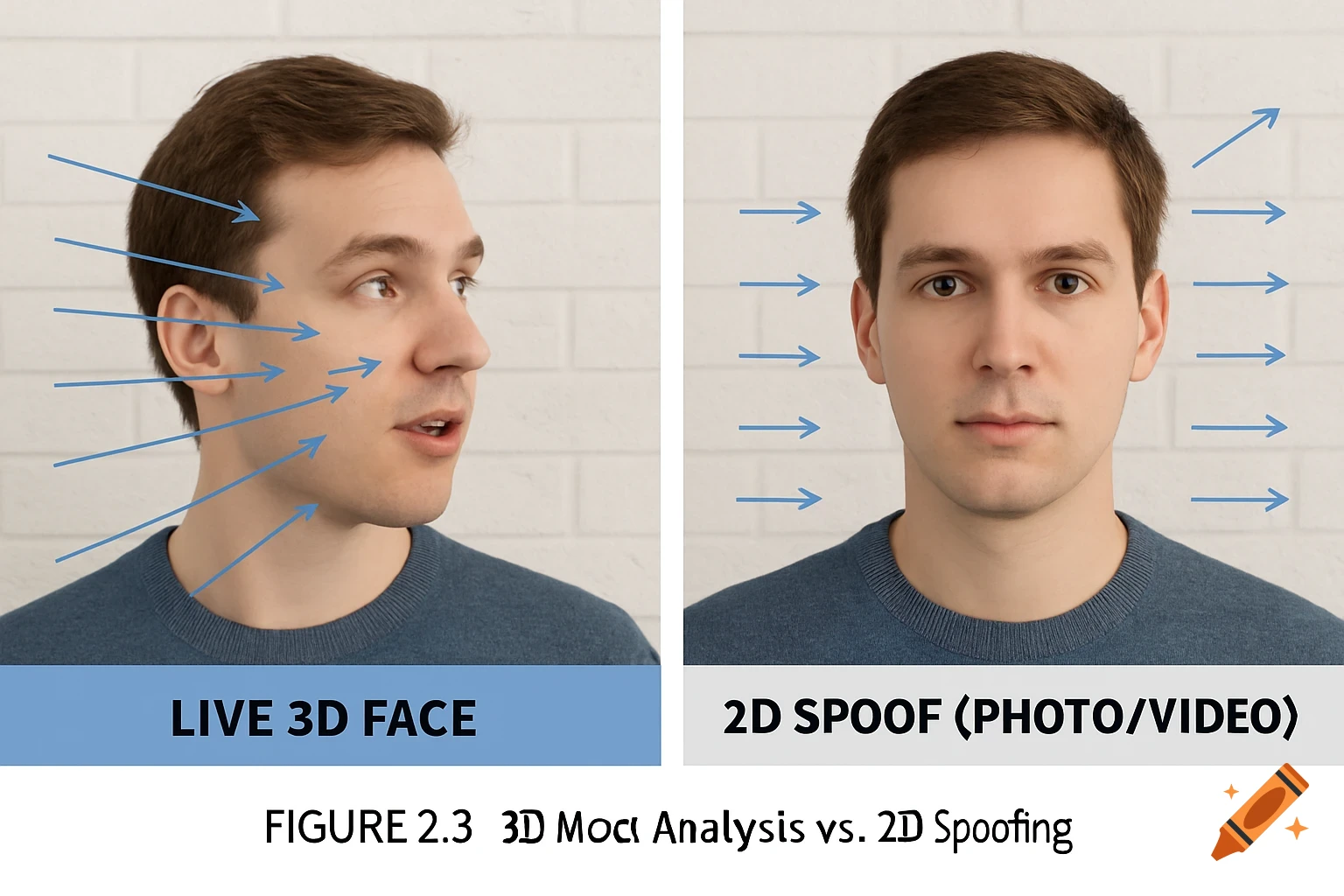 Diagram comparing 3D face motion analysis to 2D spoofing with facial ...