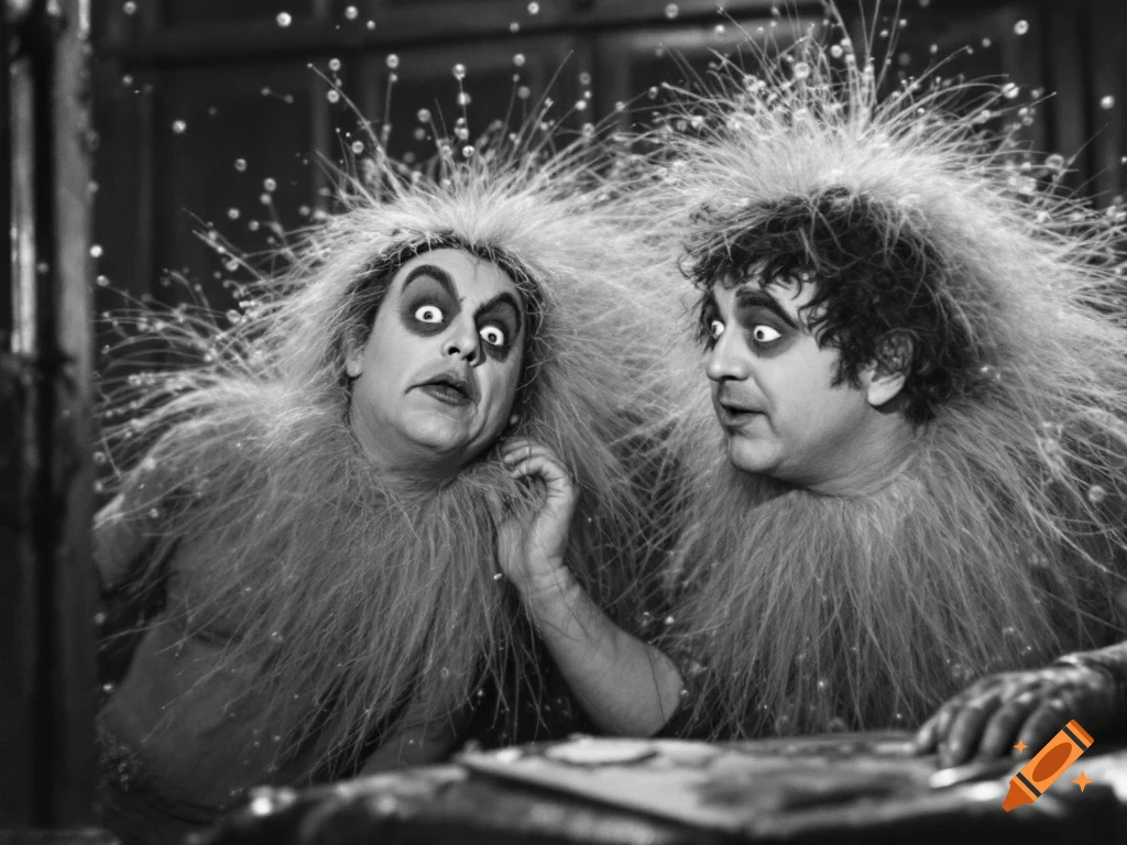 Black and white film still of two grotesque characters with wild hair ...