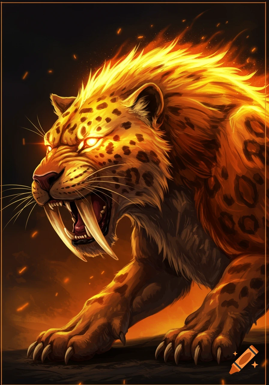 Fantasy illustration of a roaring sabertooth cat with fiery fur and ...