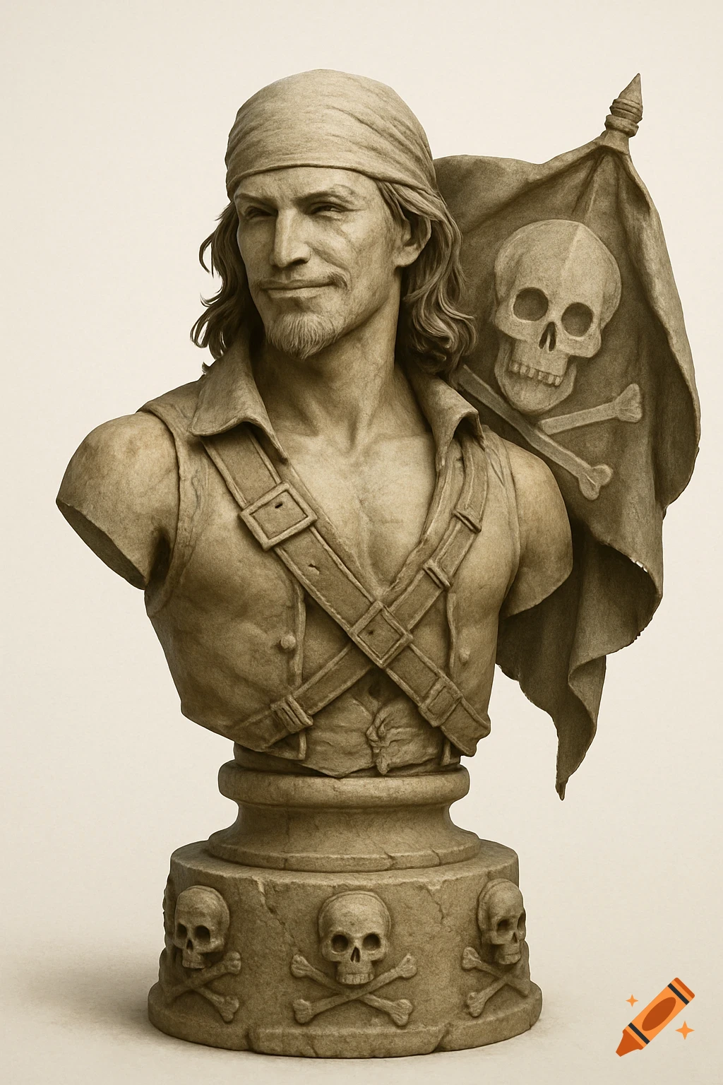 Stone bust of a handsome pirate captain with a bandana, crossed belts ...