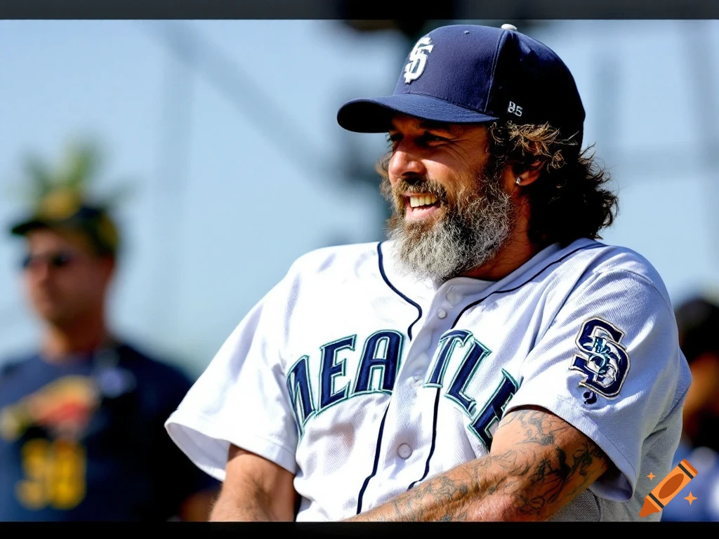 A man with a beard and long hair, wearing a Seattle Mariners baseball ...