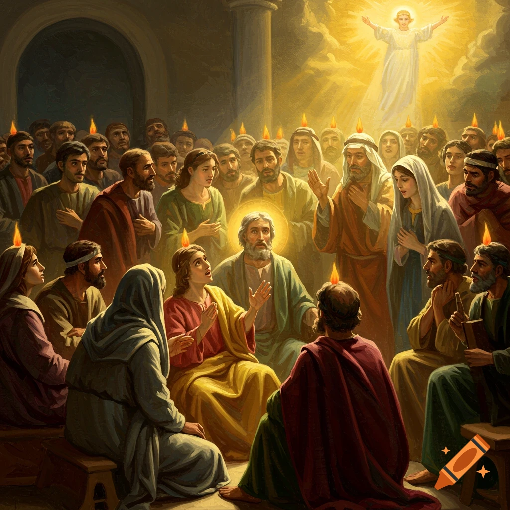 Painting of the biblical Pentecost scene with disciples gathered and ...