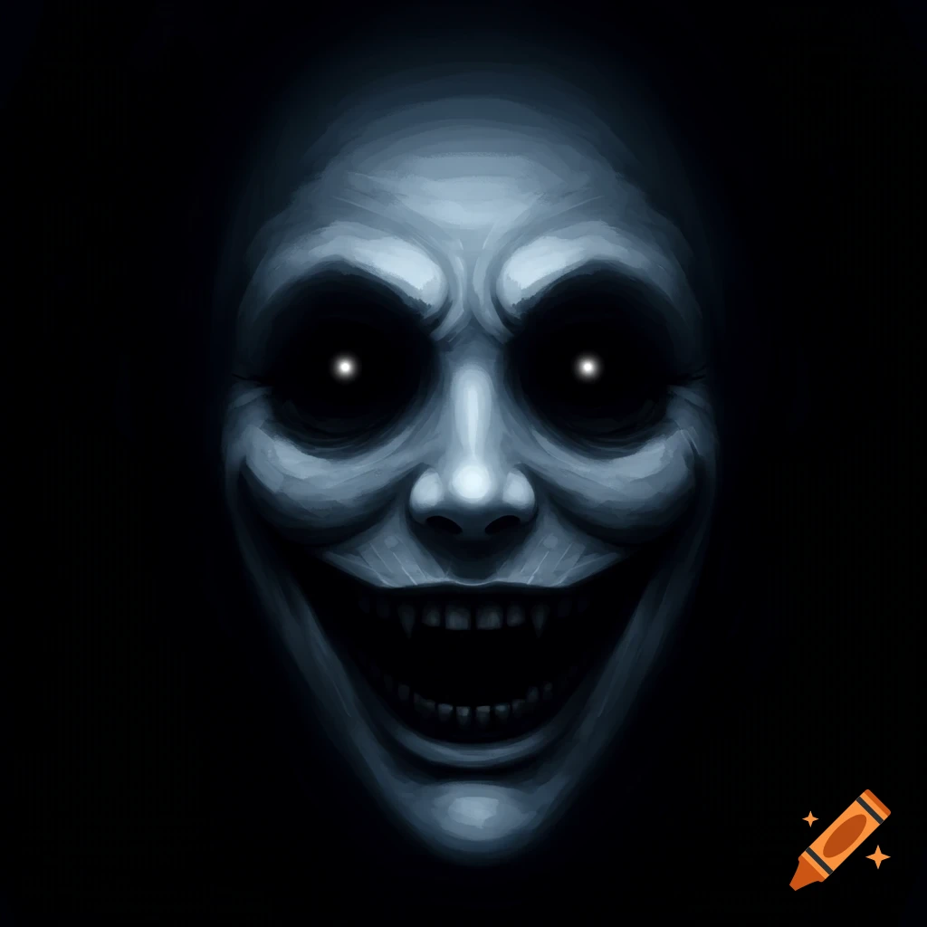 Scary white face with glowing eyes and sharp teeth grinning in darkness ...