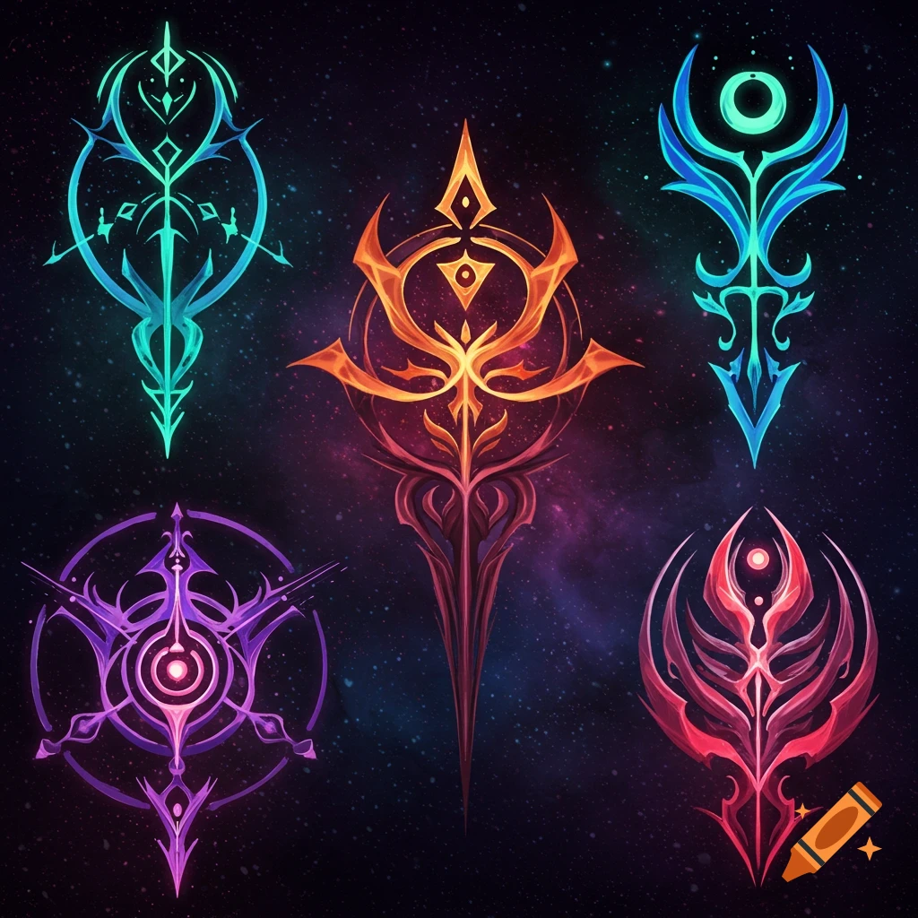 Five glowing ornate abstract sigils in different colors against a ...
