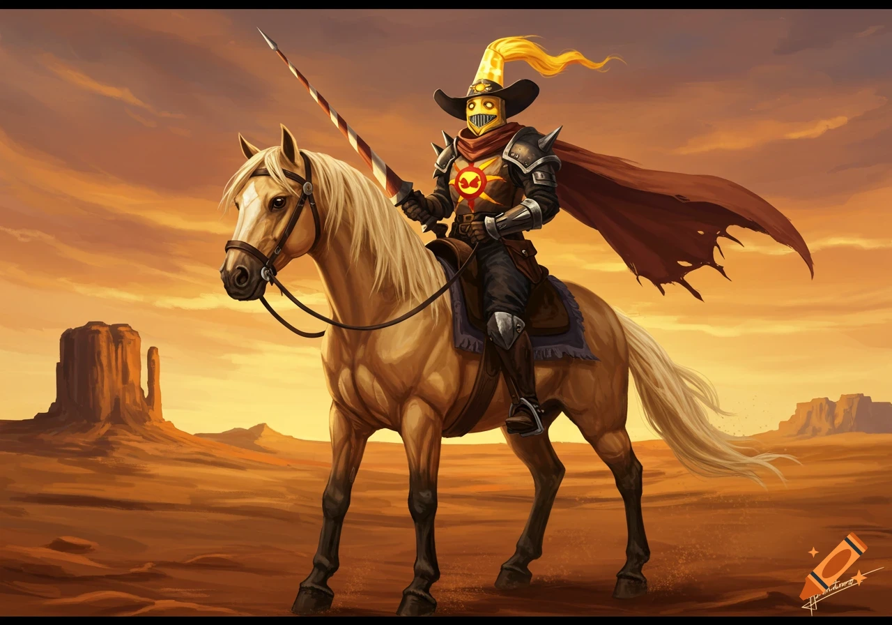 A knight in armor with a sun emblem rides a horse through a desert ...