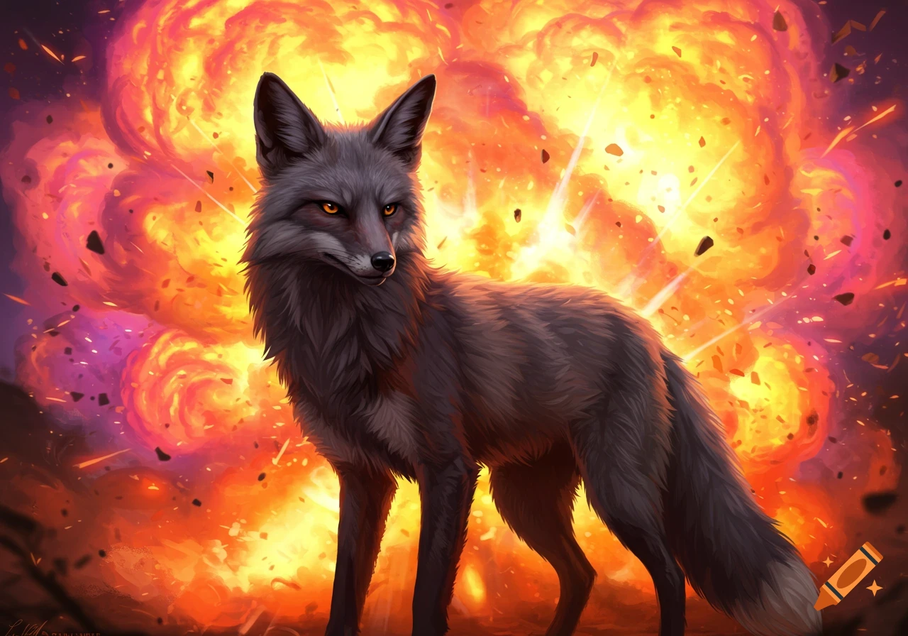 A grey fox stands in front of a large, fiery explosion. on Craiyon