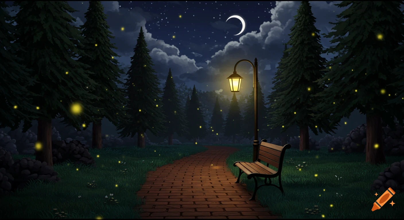 Stylized nighttime forest path with a lit lamp post, bench, trees ...