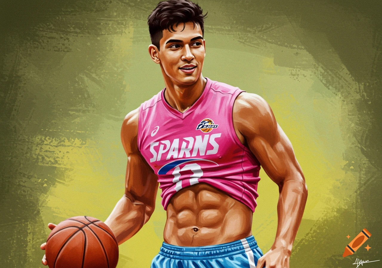 Basketball player in pink jersey holding ball, showing abs, stylized ...