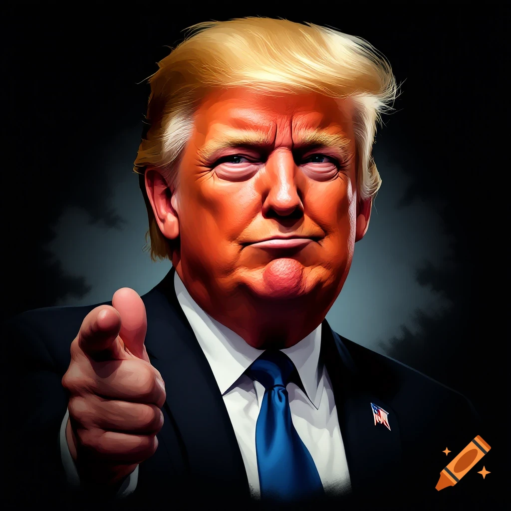 Stylized portrait of Donald Trump pointing forward. on Craiyon