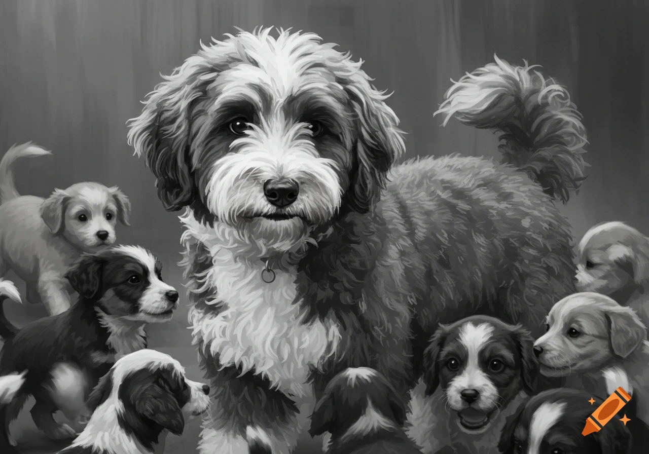 Black and white painting of a Sheepadoodle standing among several ...