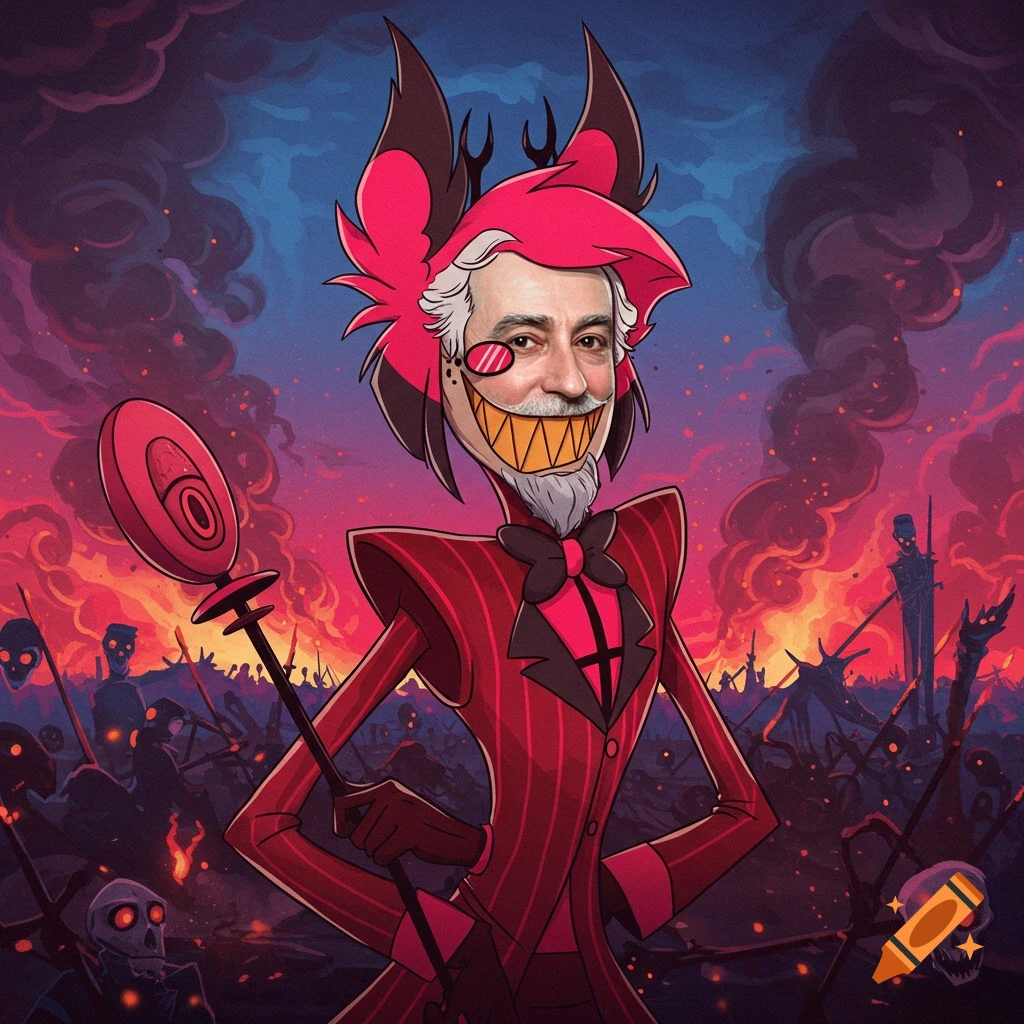 Cartoon character with red ears, sharp teeth, red pinstripe suit, and ...