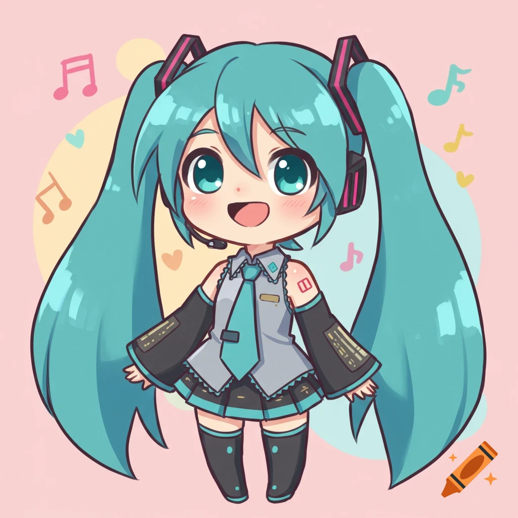 Cute chibi drawing of Hatsune Miku with musical notes. on Craiyon