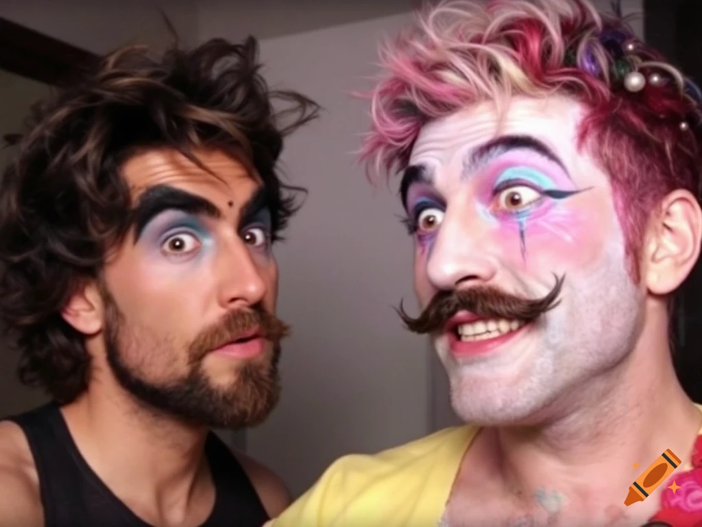 Two men in colorful, exaggerated drag makeup look surprised on Craiyon