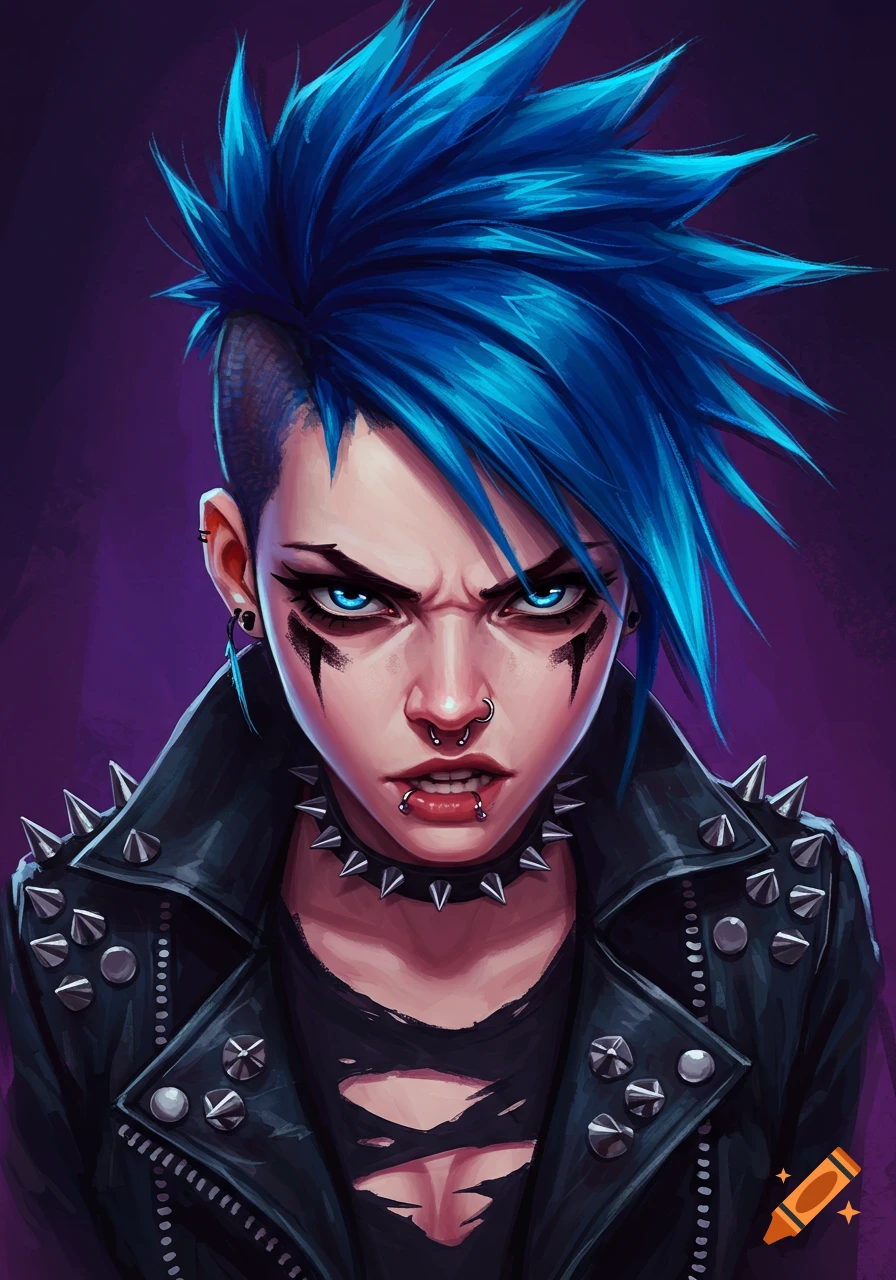Digital painting portrait of a rebellious woman with blue mohawk ...