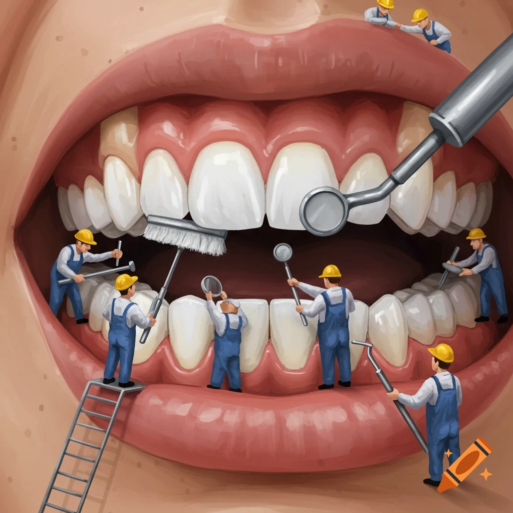 Illustration of miniature construction workers cleaning large teeth. on ...