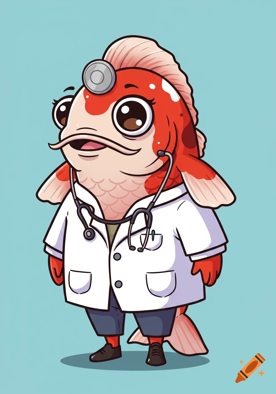Cartoon goldfish wearing a doctor coat and stethoscope. on Craiyon