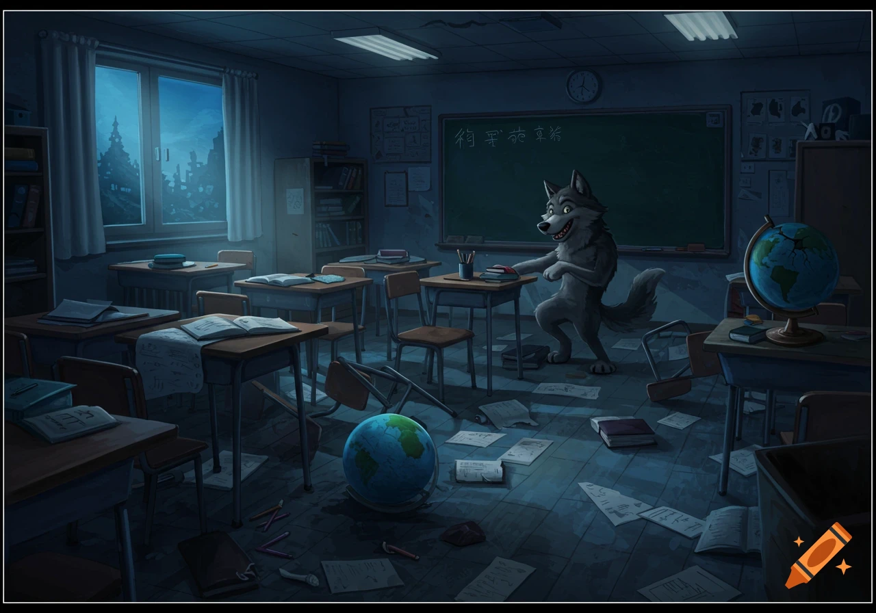 An anthropomorphic wolf stands in a messy classroom at night with ...