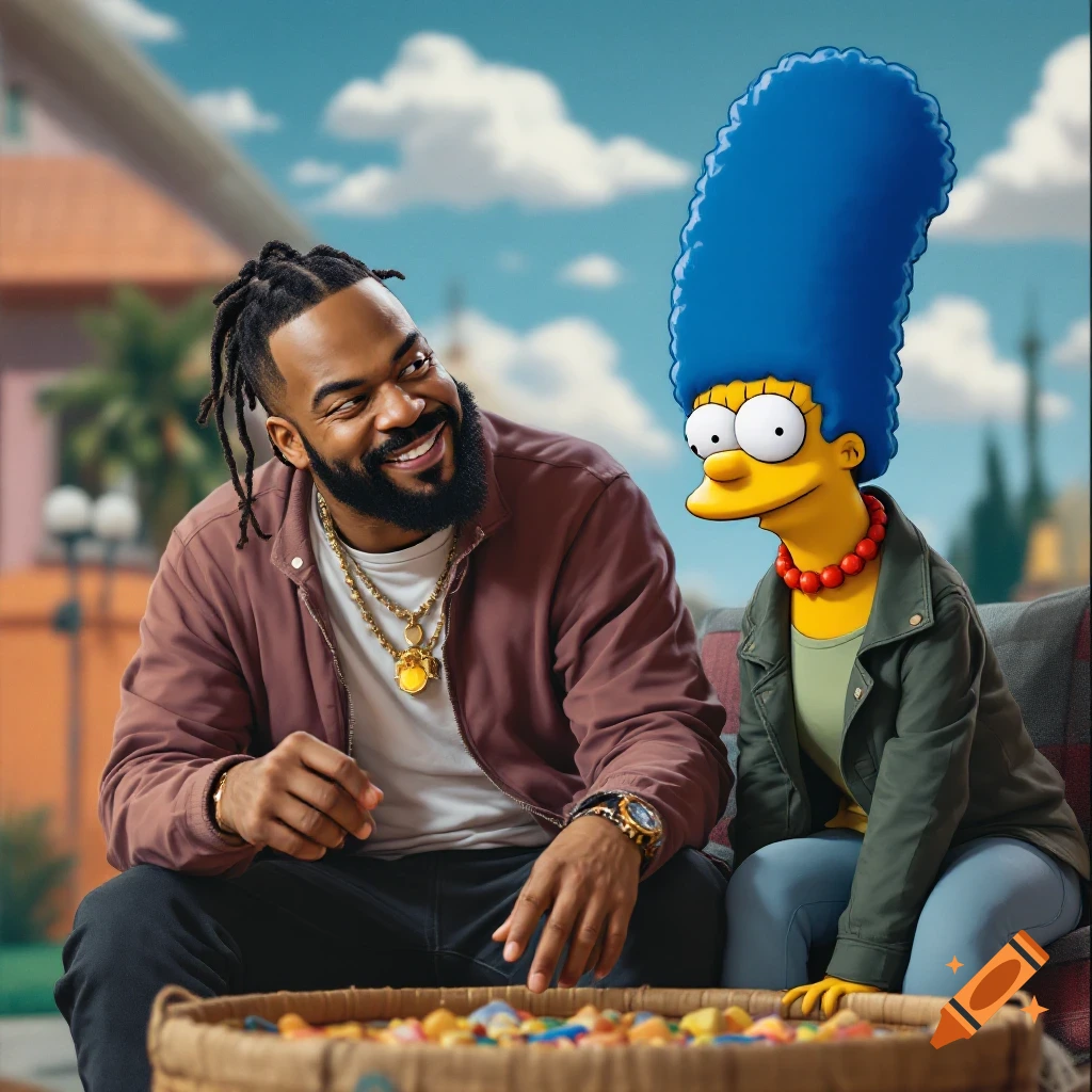 A man with dreadlocks sits next to Marge Simpson on a couch with a ...