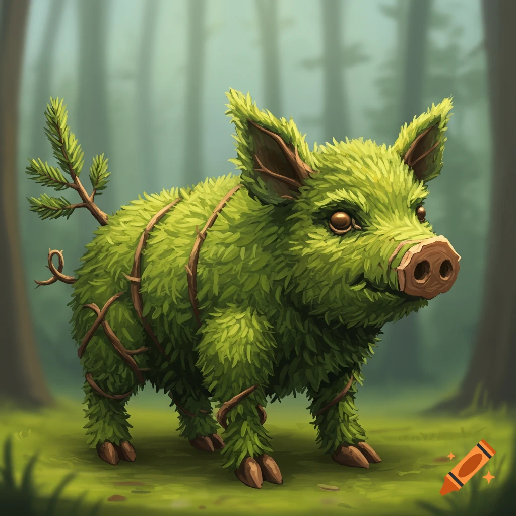 A piglet made of spruce tree foliage stands in a forest. on Craiyon