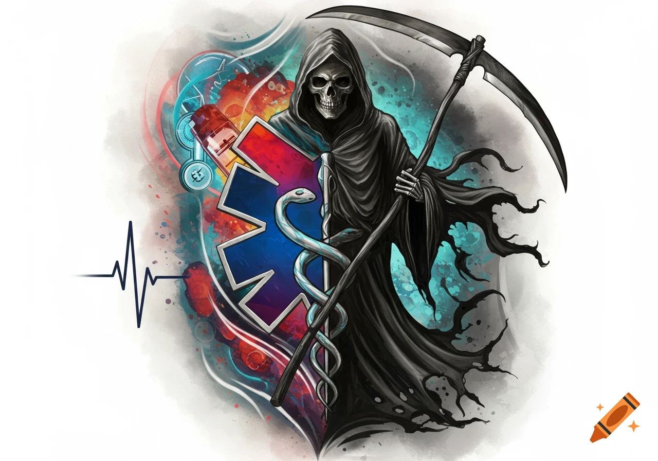 Grim Reaper with scythe behind medical Star of Life symbol, snake ...