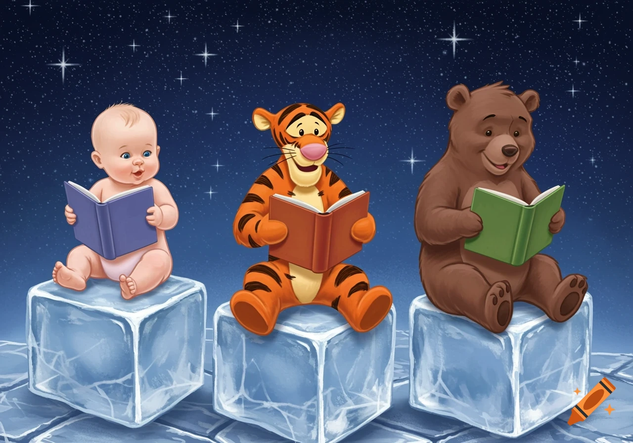A baby, tiger, and bear sit on ice cubes reading books under a starry ...