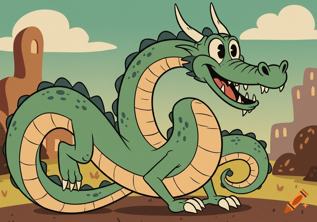 A green cartoon dragon in 1920s rubber hose style stands in a desert ...