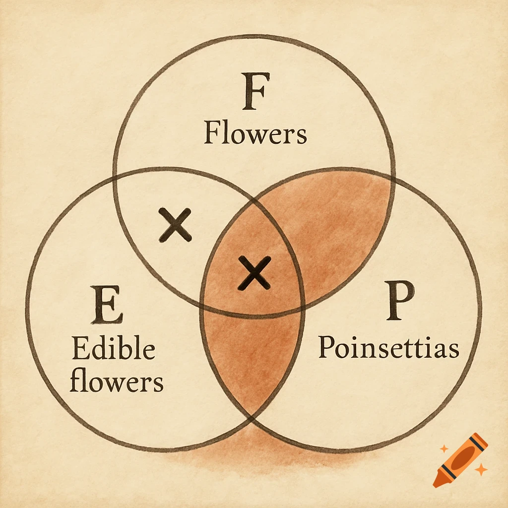 Venn diagram with three overlapping circles labeled F (Flowers), E ...