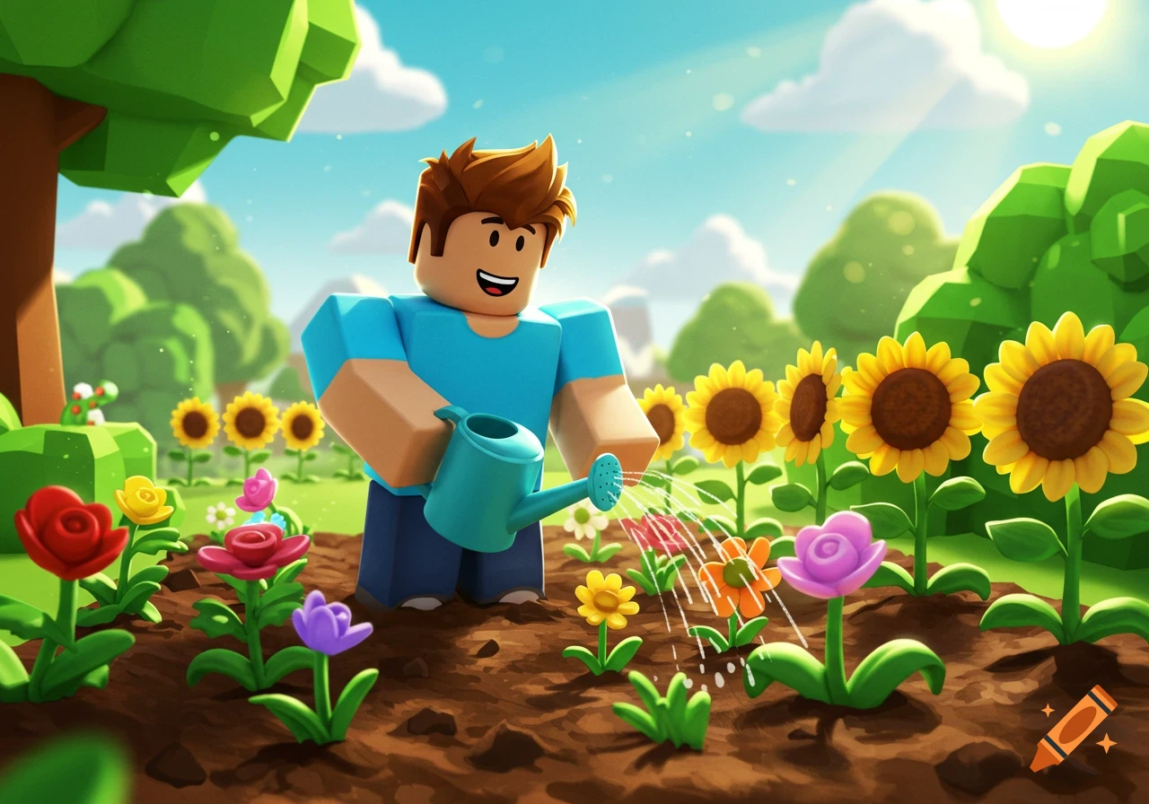 Roblox character waters flowers in a sunny garden on Craiyon