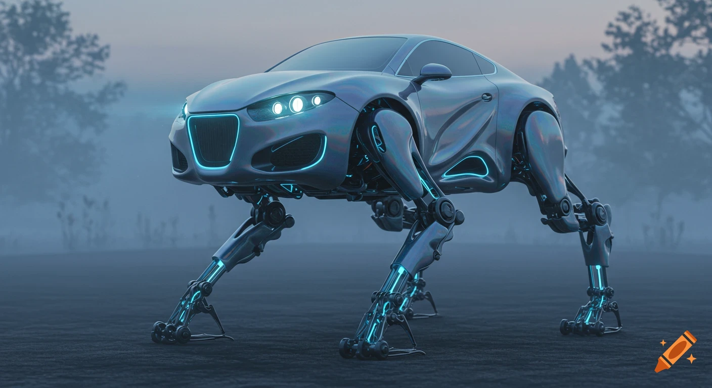 A futuristic car-like robot creature with metallic body and legs stands ...