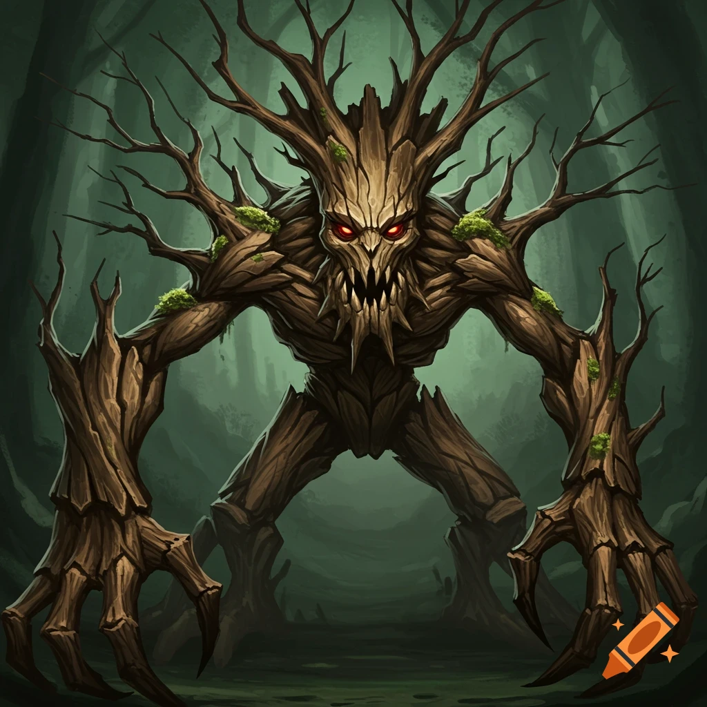 A gnarled tree monster with glowing red eyes stands in a dark forest ...