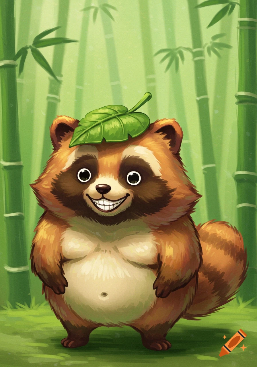 A cute cartoon tanuki with a green leaf on its head stands in a bamboo ...