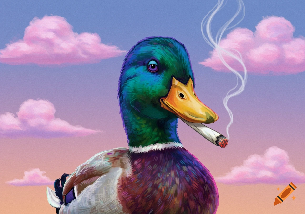 Colorful mallard duck smokes a joint against a sky with pink clouds. on ...