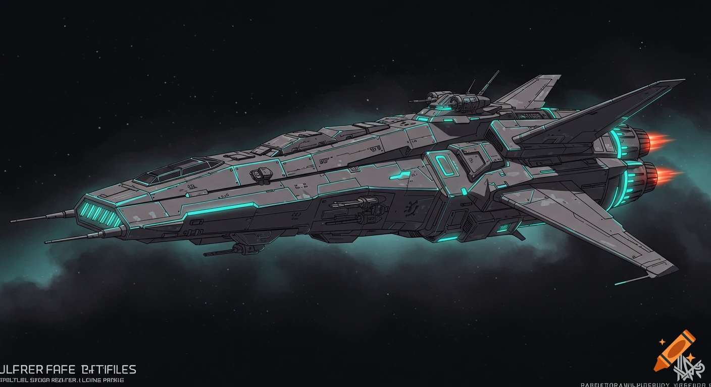 Detailed 2D illustration of a grey spaceship with teal lights and red ...