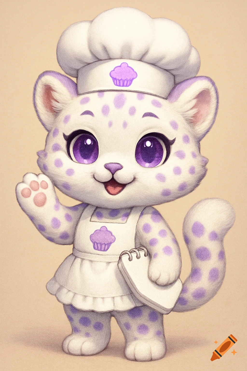 Cute cartoon baby snow leopard in chef hat and apron, waving and holding a notepad. Colored ...