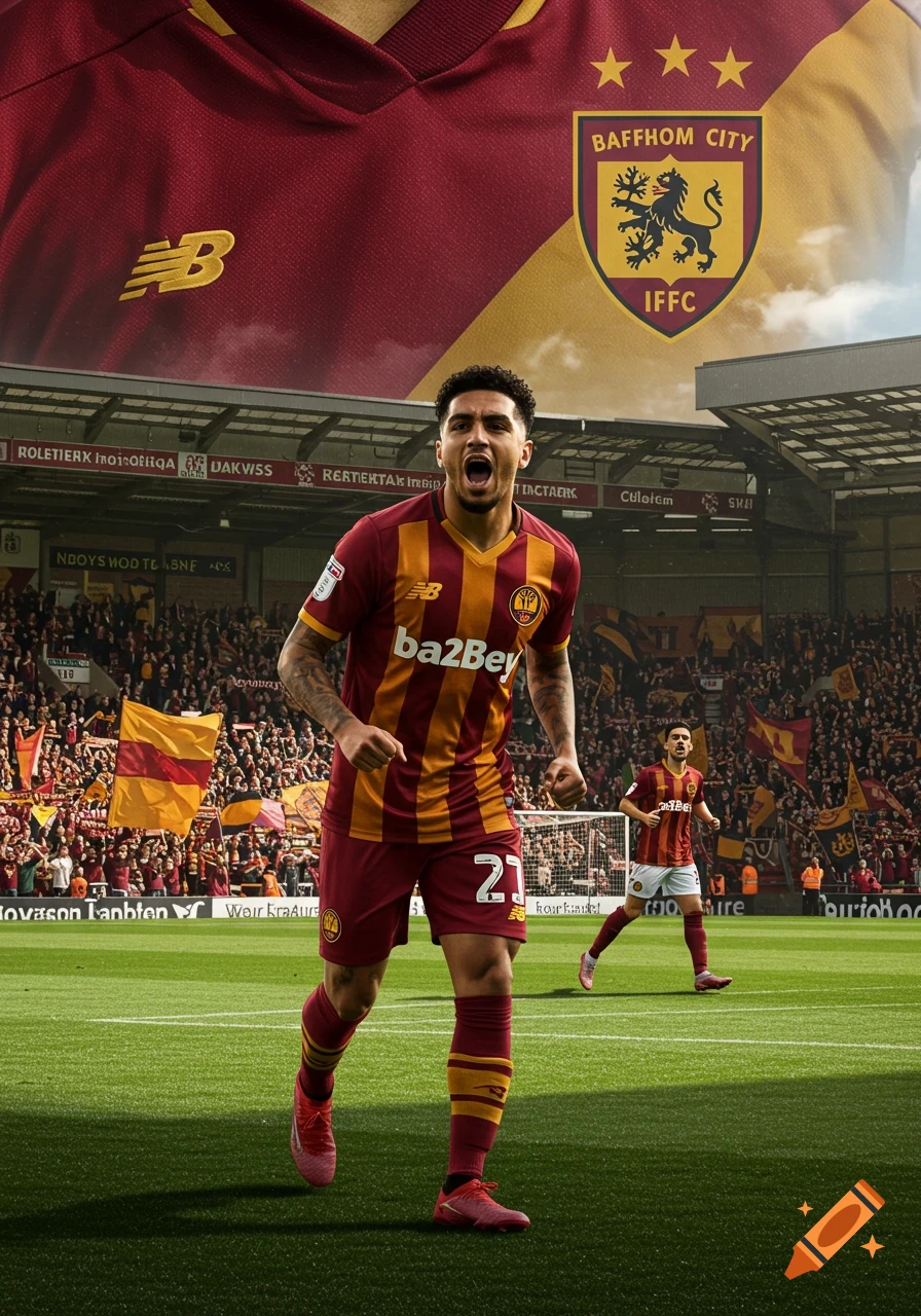 A football player in a red and gold striped kit celebrates on a field ...