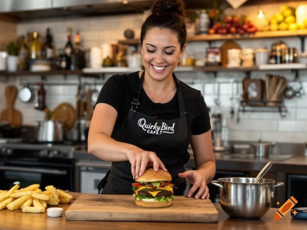 A chef in an apron puts the top bun on a burger in a cafe kitchen. on ...