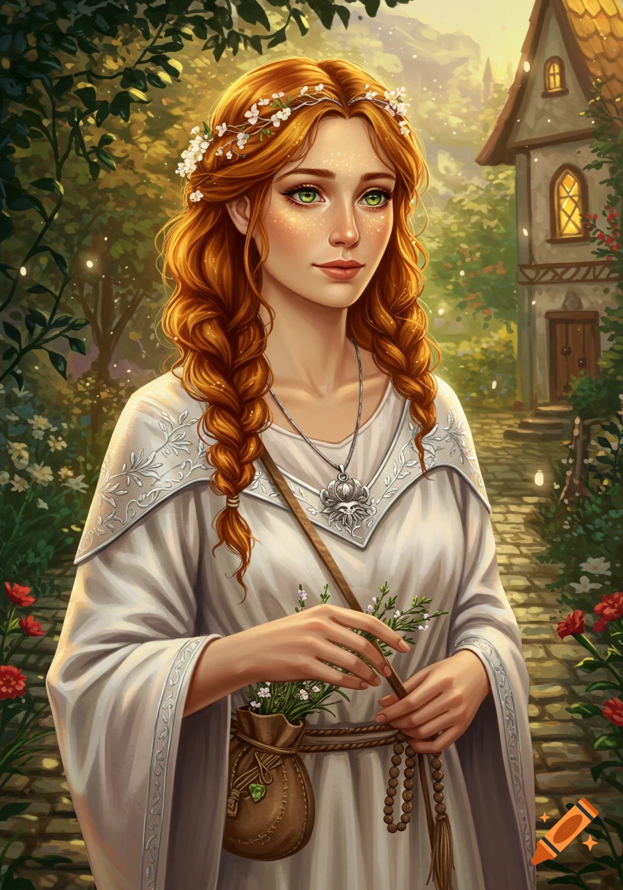 Illustration of a red-haired woman in a white robe holding herbs in a ...