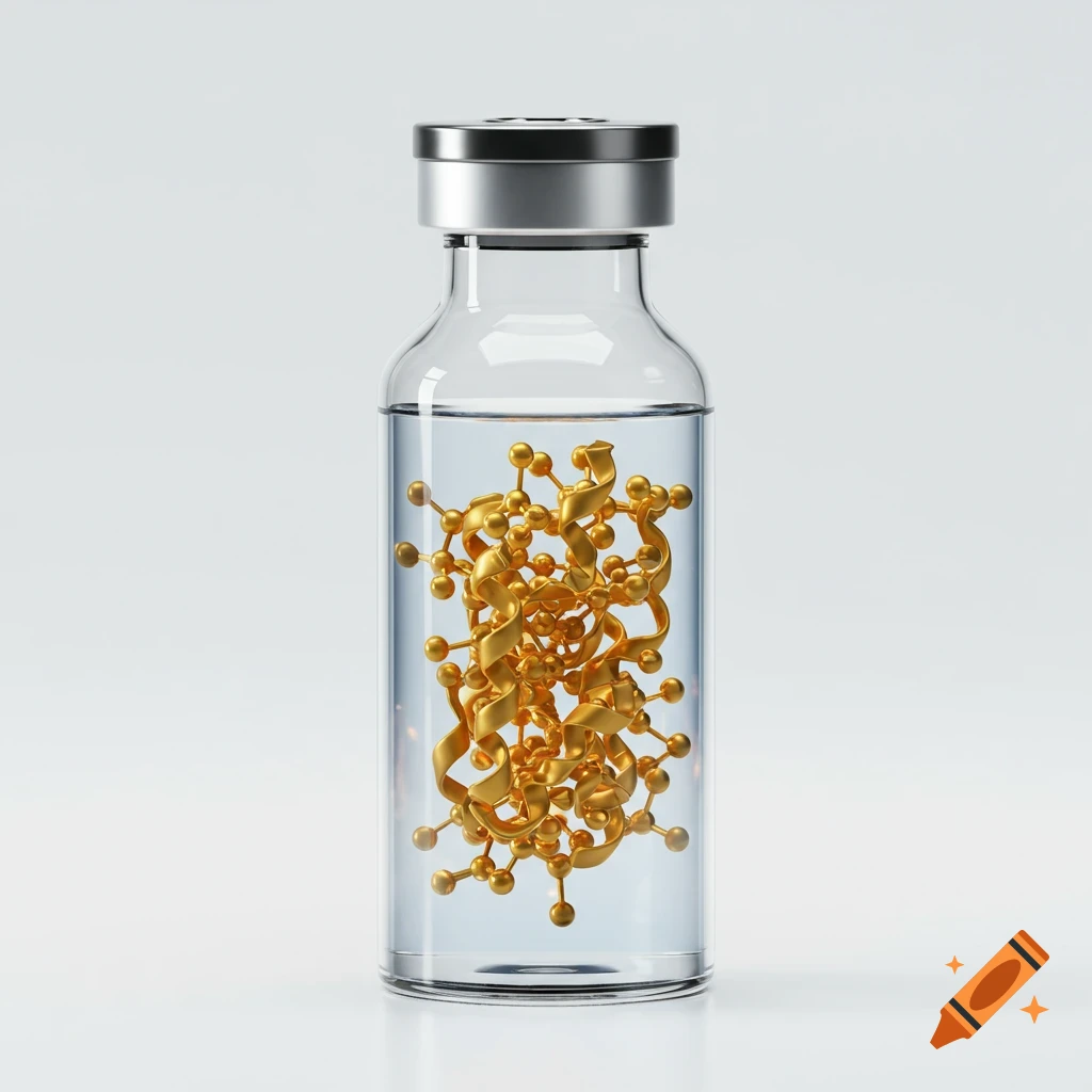 Gold molecular structure inside a glass vial with clear liquid. on Craiyon