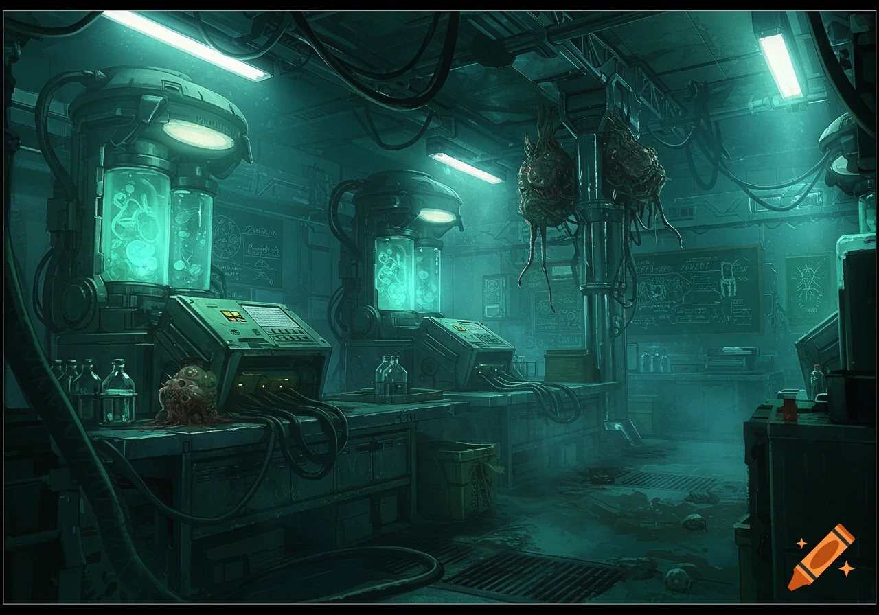 A grim sci-fi laboratory with glowing tanks, hanging organs, and ...