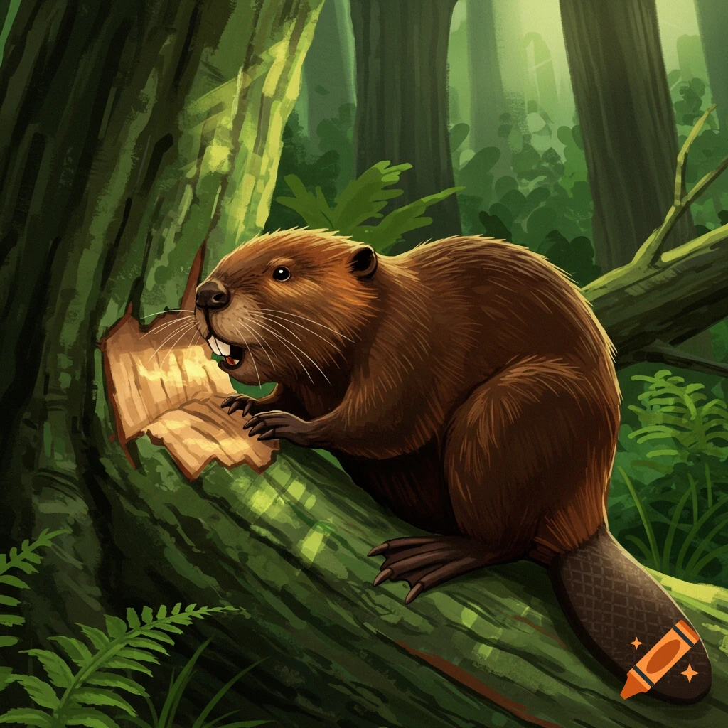 An illustration of a beaver chewing on bark from a tree in a forest. on ...