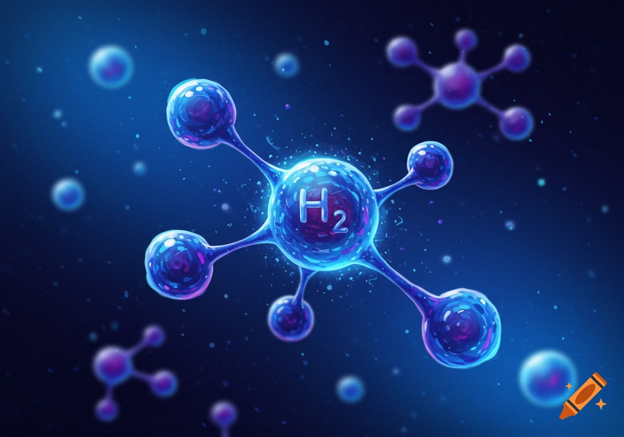 Stylized microscopic view of glowing hydrogen molecules on Craiyon